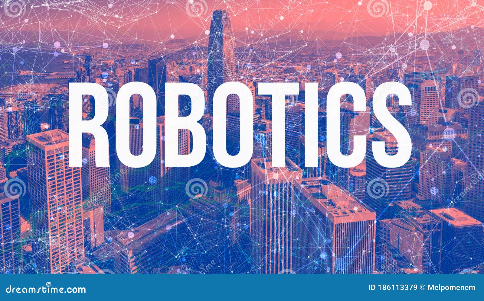 Robotics Theme with Abstract Network Patterns and Skyscrapers Stock ...
