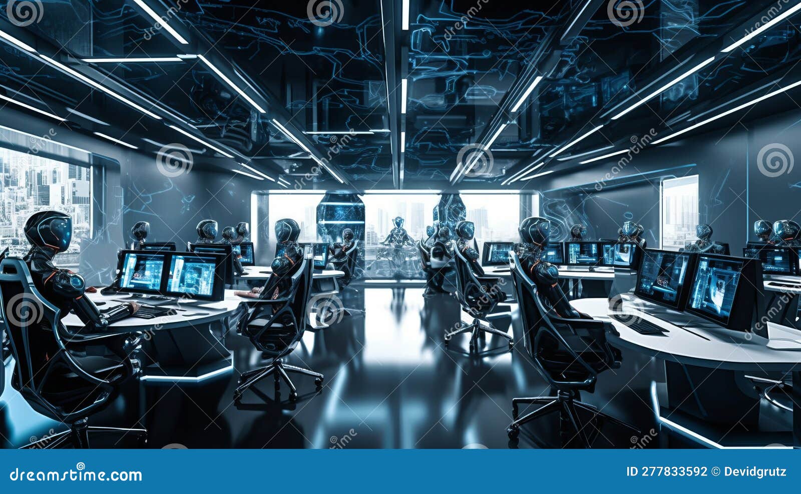 Robotics Using Multiple Computers Working And Monitor Generative Ai Stock Illustration