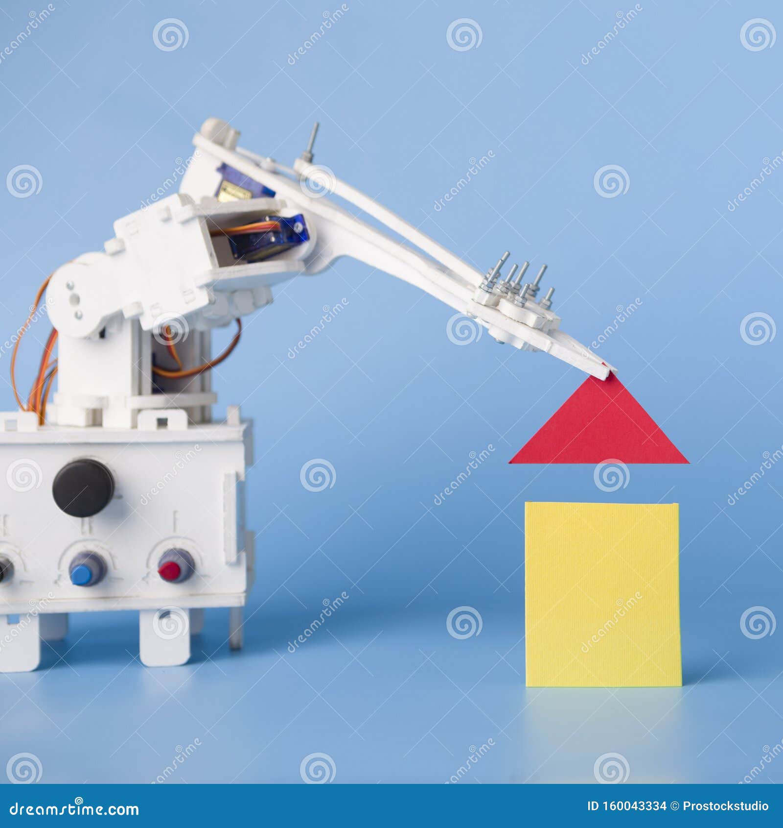 Robot Hand Building House of Wooden Blocks Stock Photo - Image of ...