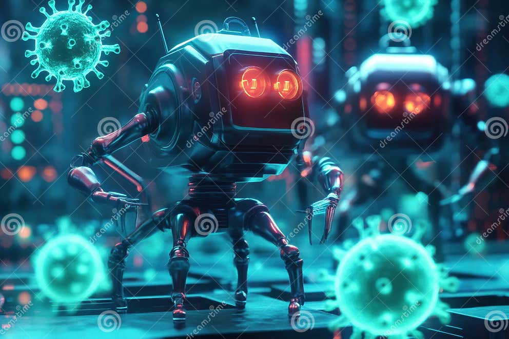 Robots Neutralizing Viruses in a Futuristic Lab Environment Showcasing ...