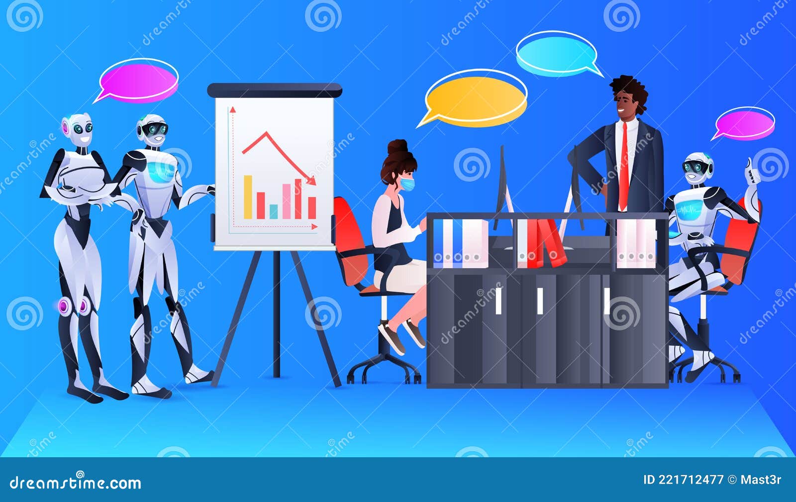 Robots With African American Businessman Analyzing Financial Statistics ...