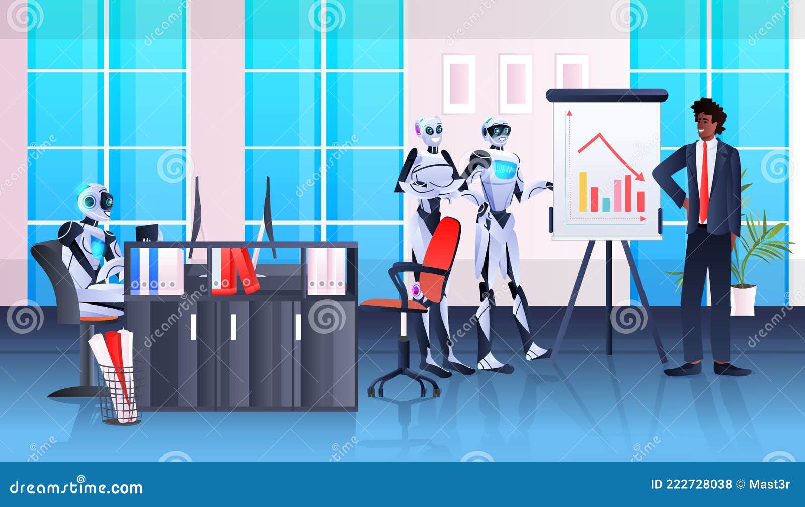 Robots With African American Businessman Analyzing Financial Statistics ...
