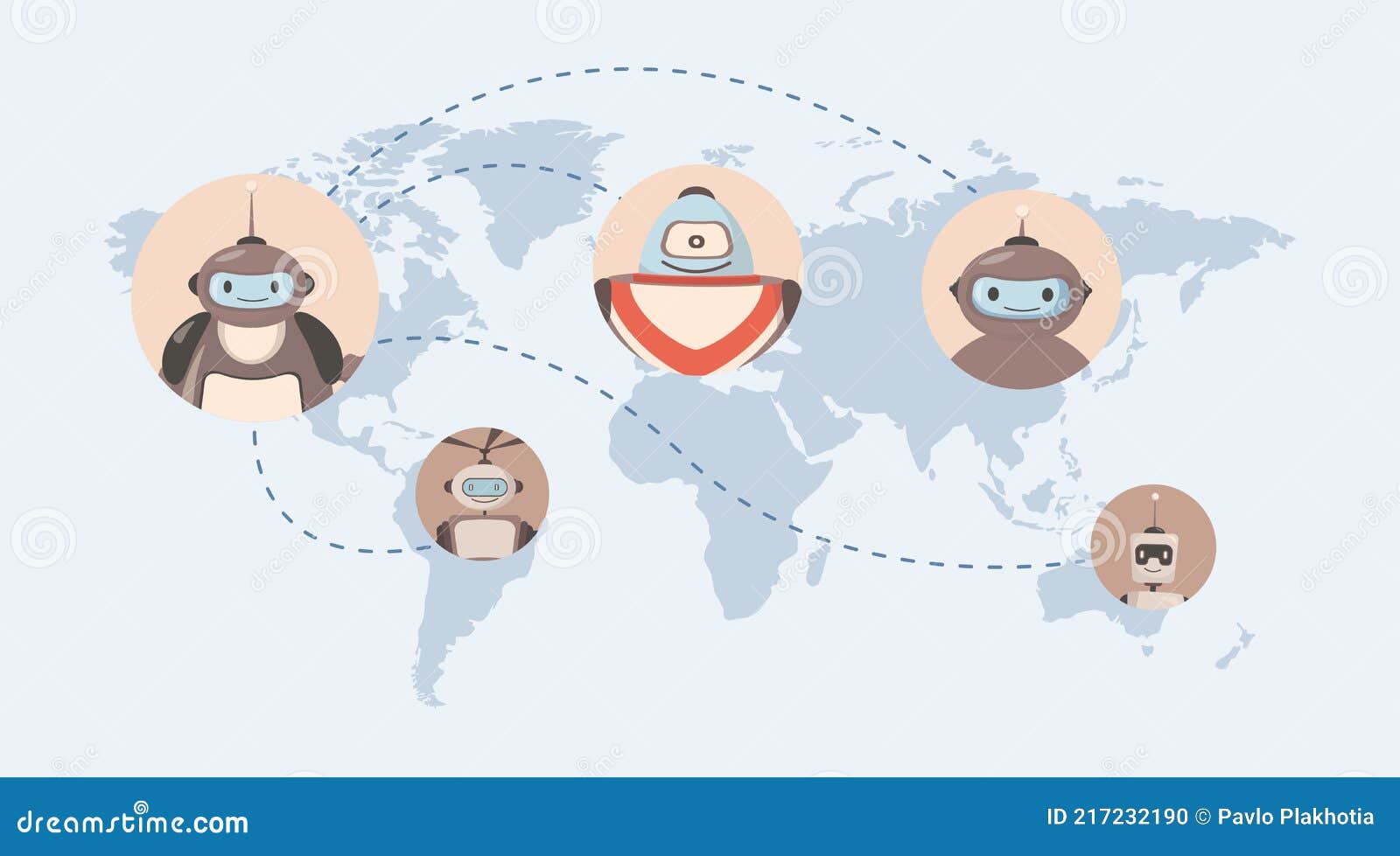 Robots Around the World Vector Flat Illustration. Map with Robot ...