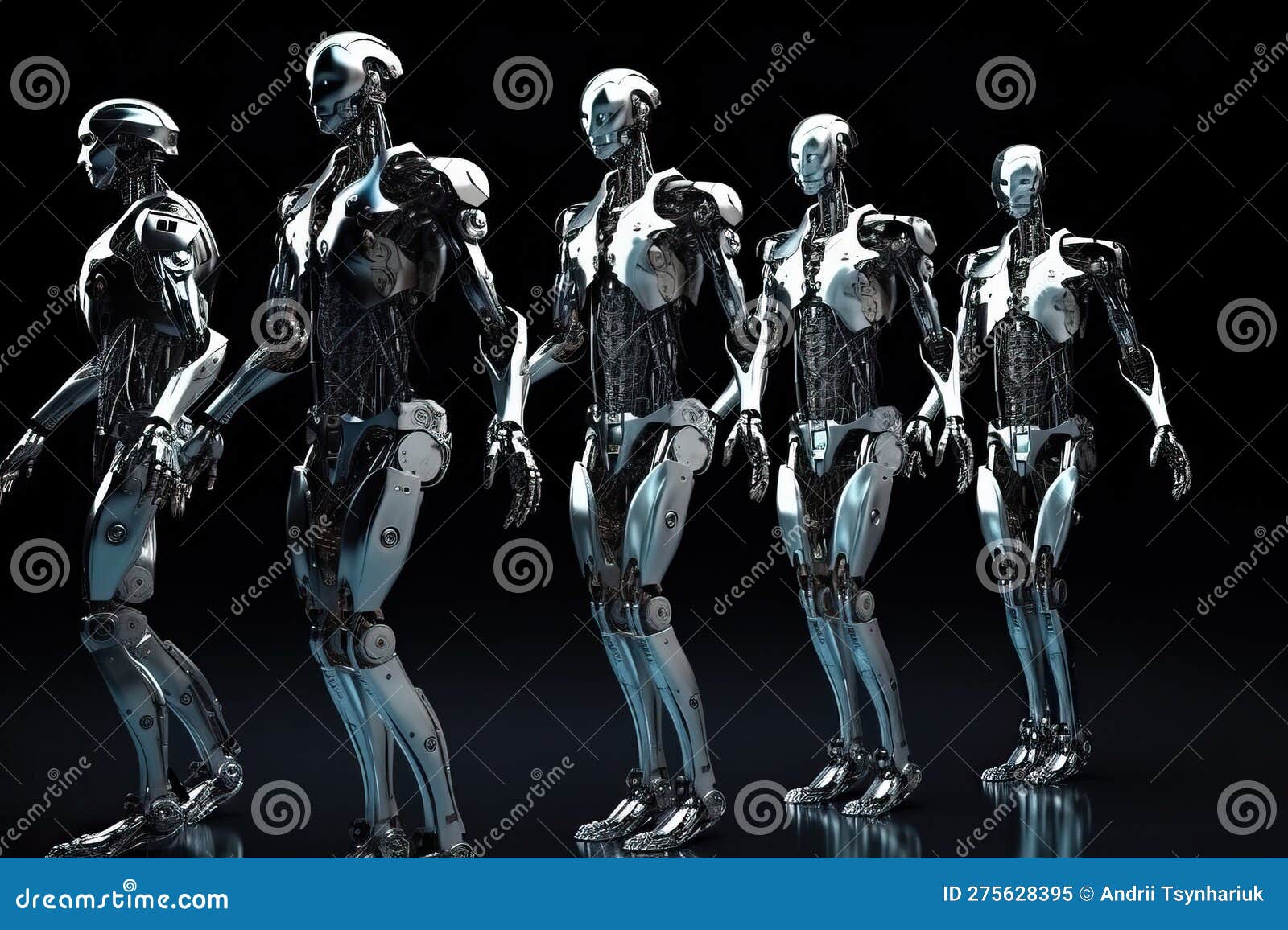 Robots with Artificial Intelligence in Full Growth in 3D on a Black ...