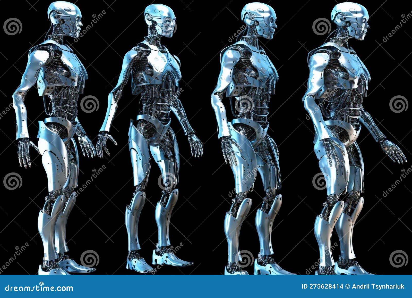 Robots with Artificial Intelligence in Full Growth in 3D on a Black ...