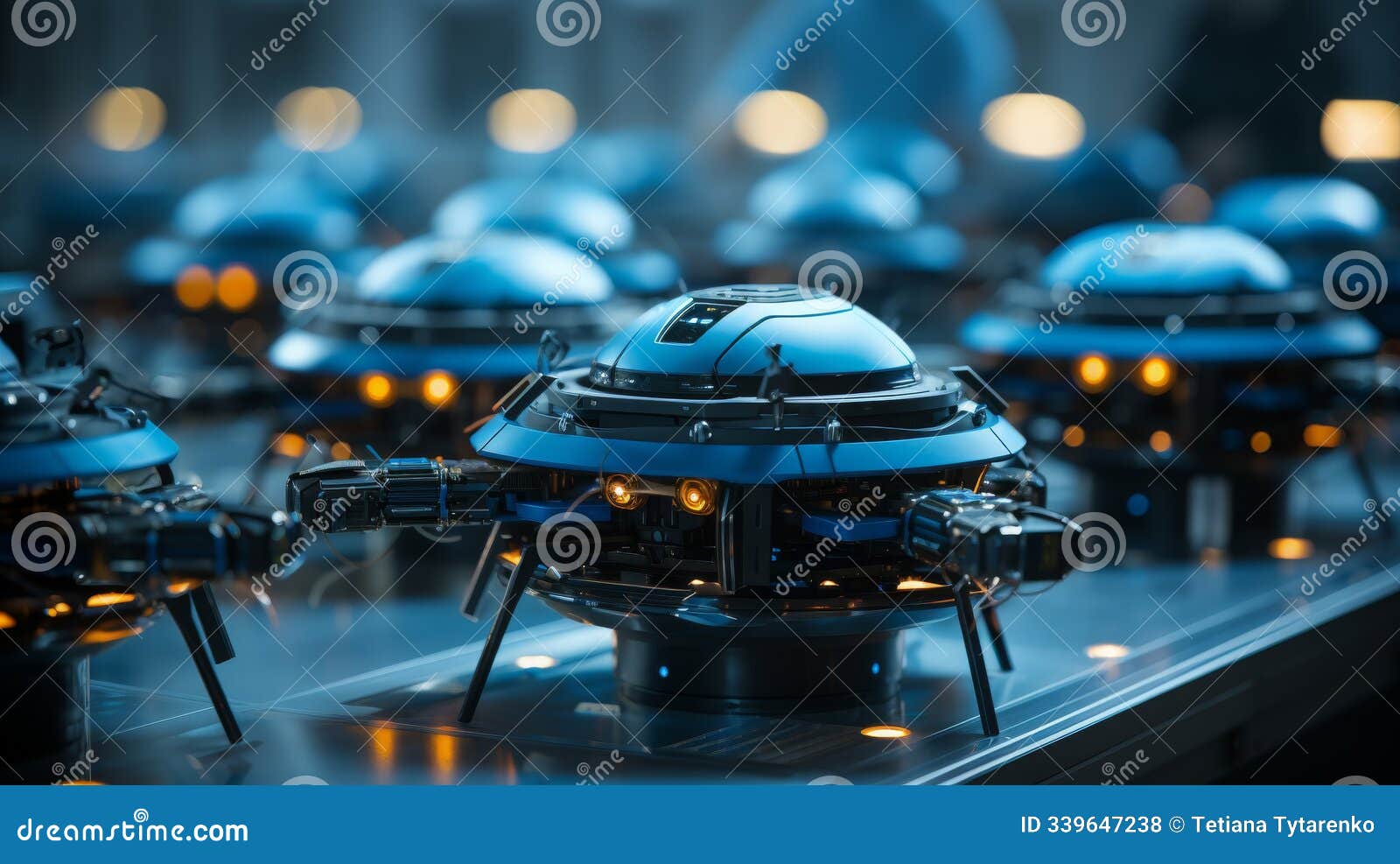 Robots Assembling Drones in a High-tech Facility during a Futuristic ...