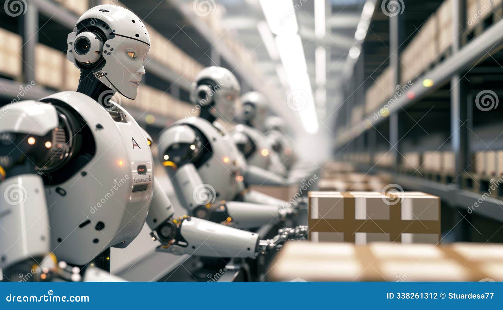 Robots on Assembly Line Handling Boxes in Automated Factory Setting ...