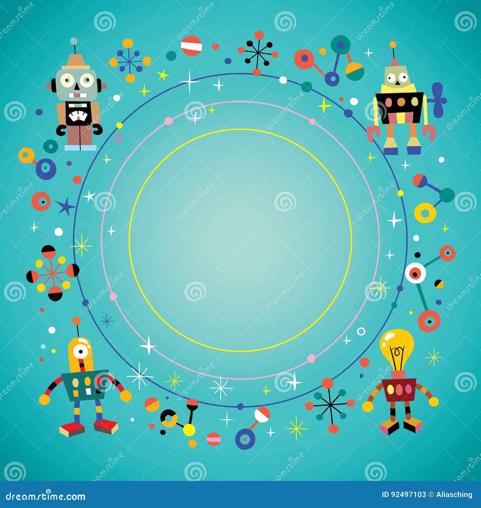 Robots Blank Banner Round Frame Border Stock Vector - Illustration of ...