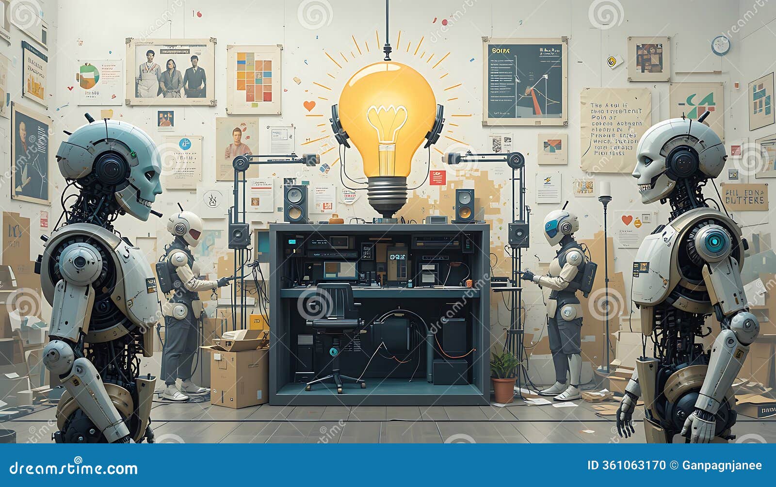 Robots Brainstorming in a Futuristic AI-powered Workspace, with a ...