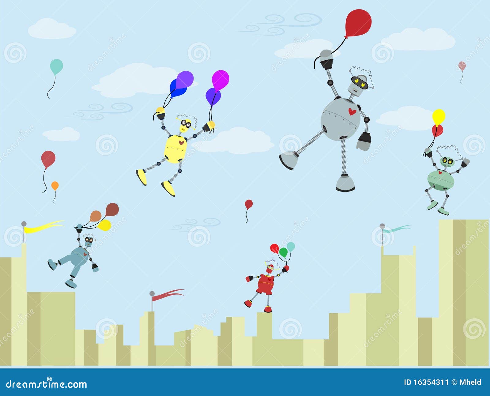 Robots Carrying Balloons Float Up into the Air Stock Vector ...
