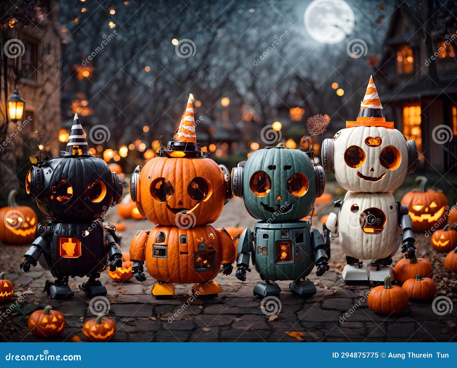 Robots Celebrating Halloween Amongst Pumpkins Stock Illustration ...
