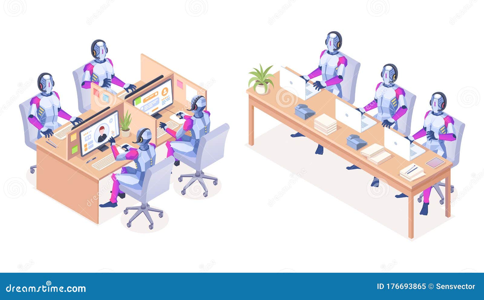 Robots With Computers Working At Call Center Cartoon Vector ...