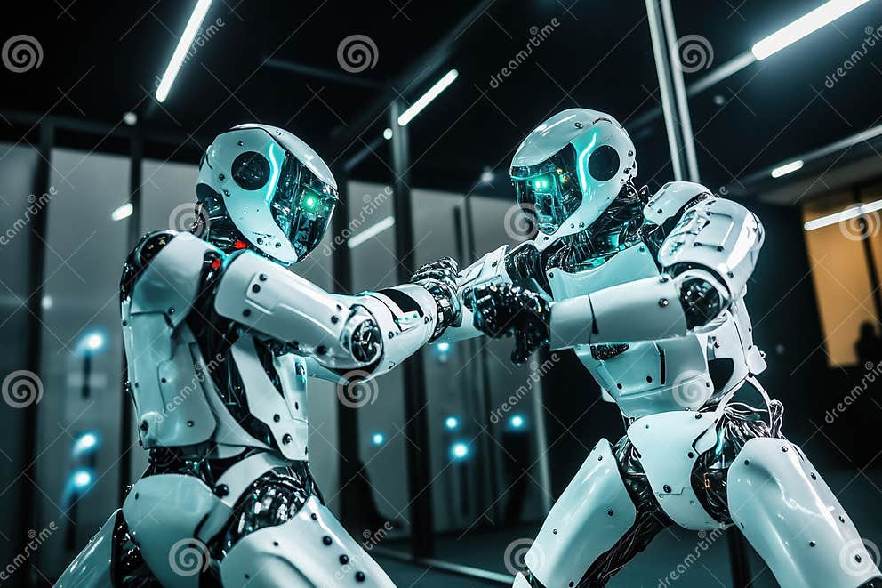 Robots Engage in a Dynamic Combat Demonstration in a Futuristic ...
