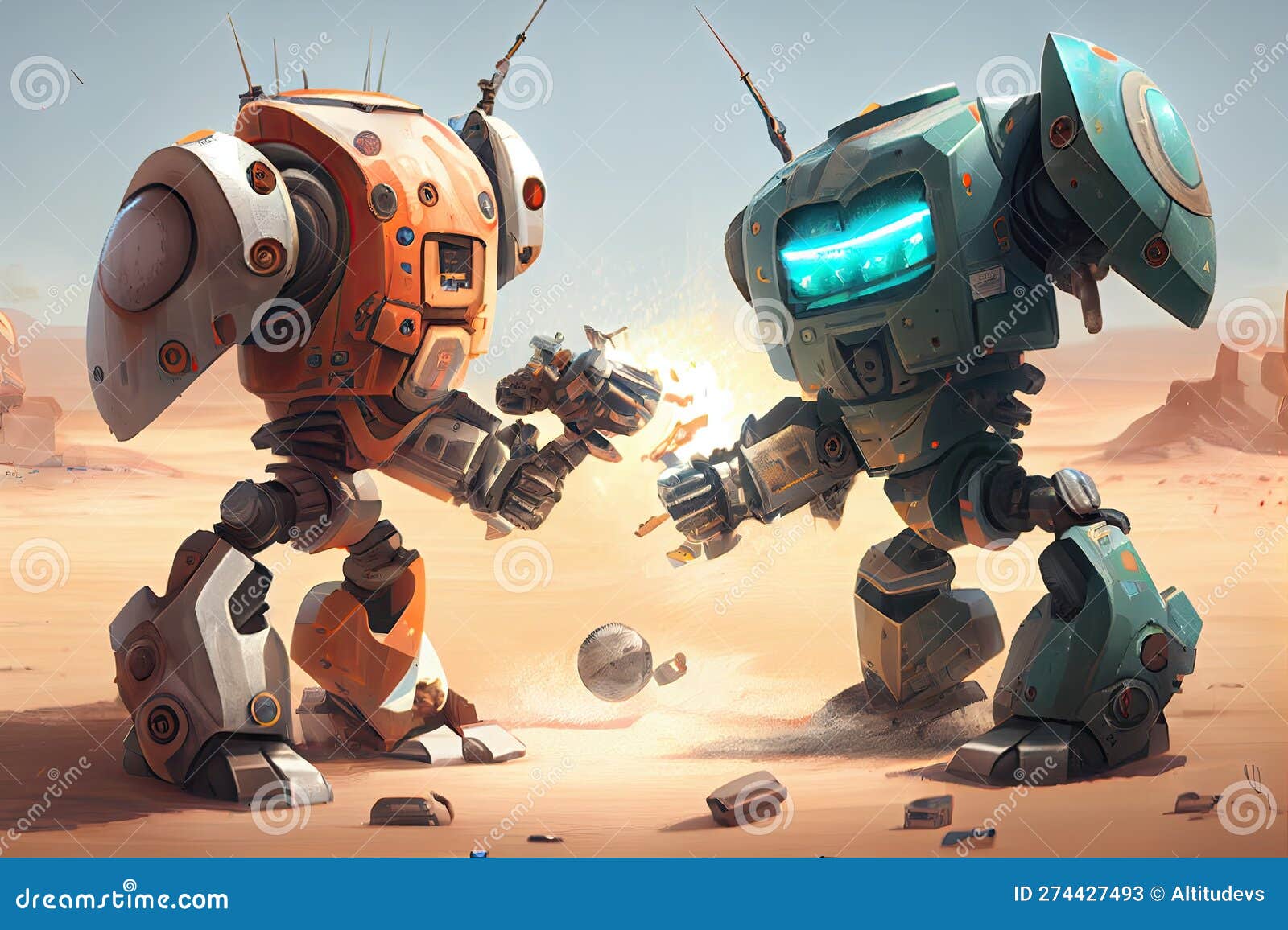 Robots Engaging in Battle, Exchanging Blows with Their Powerful Arms ...