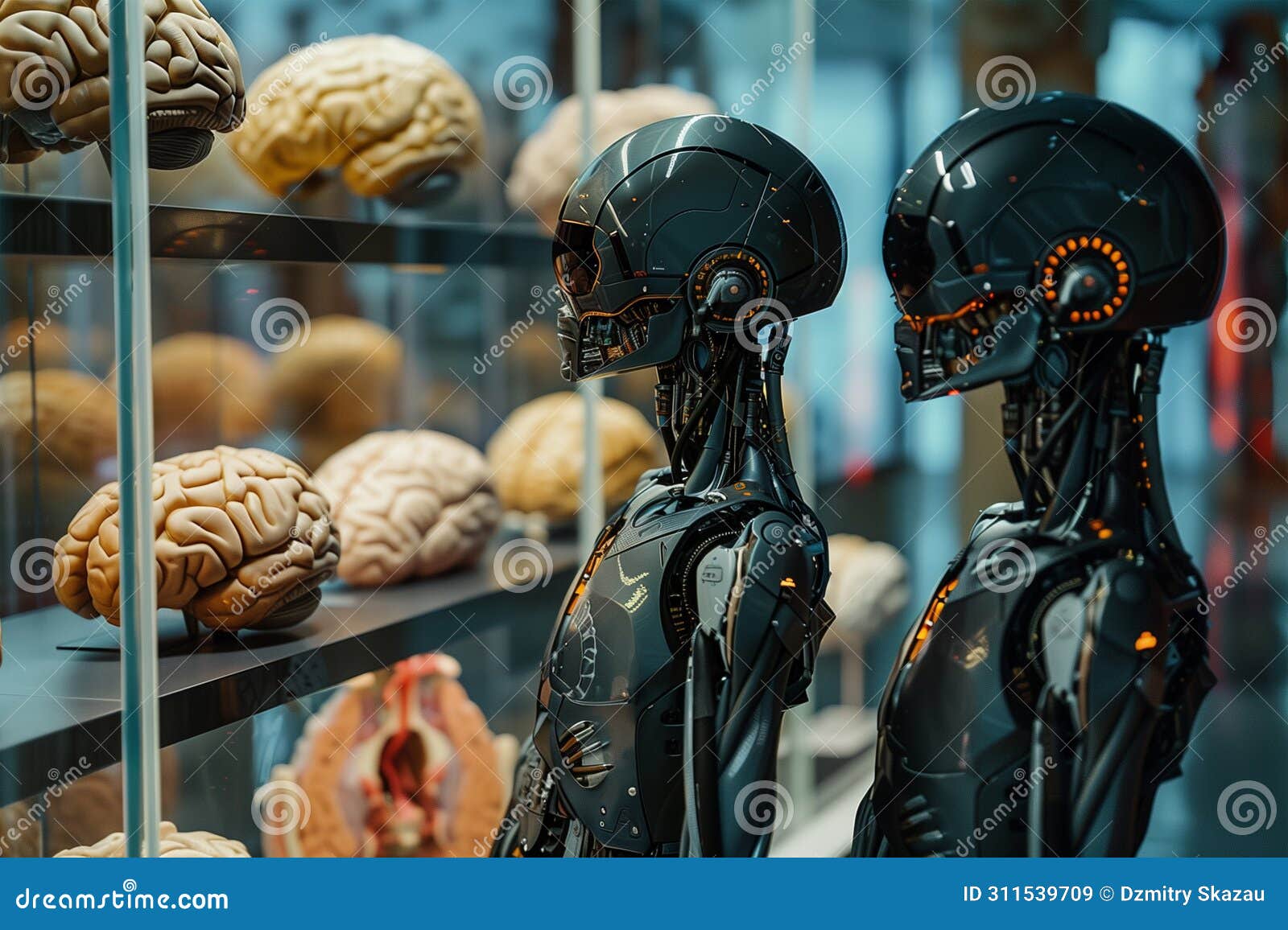 Robots Examine the Human Brain in a Display Case Stock Image - Image of ...