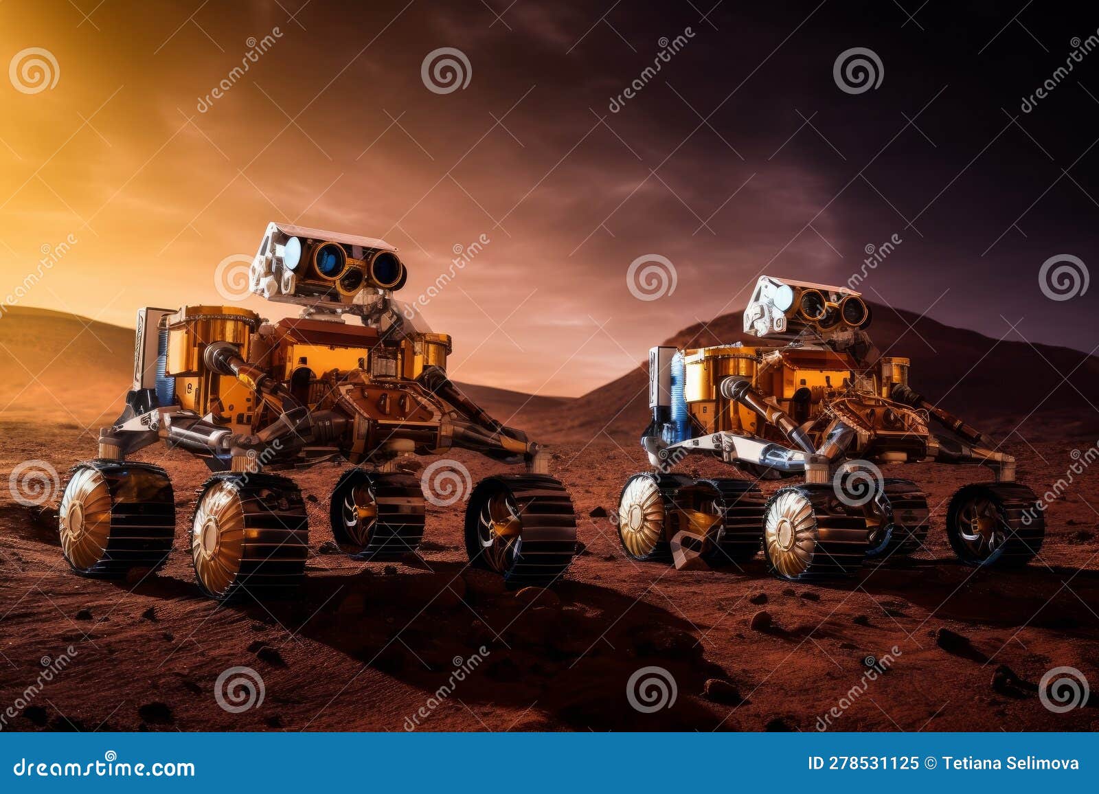 Two Robots are Exploring the Surface Planet at Sunset Stock ...