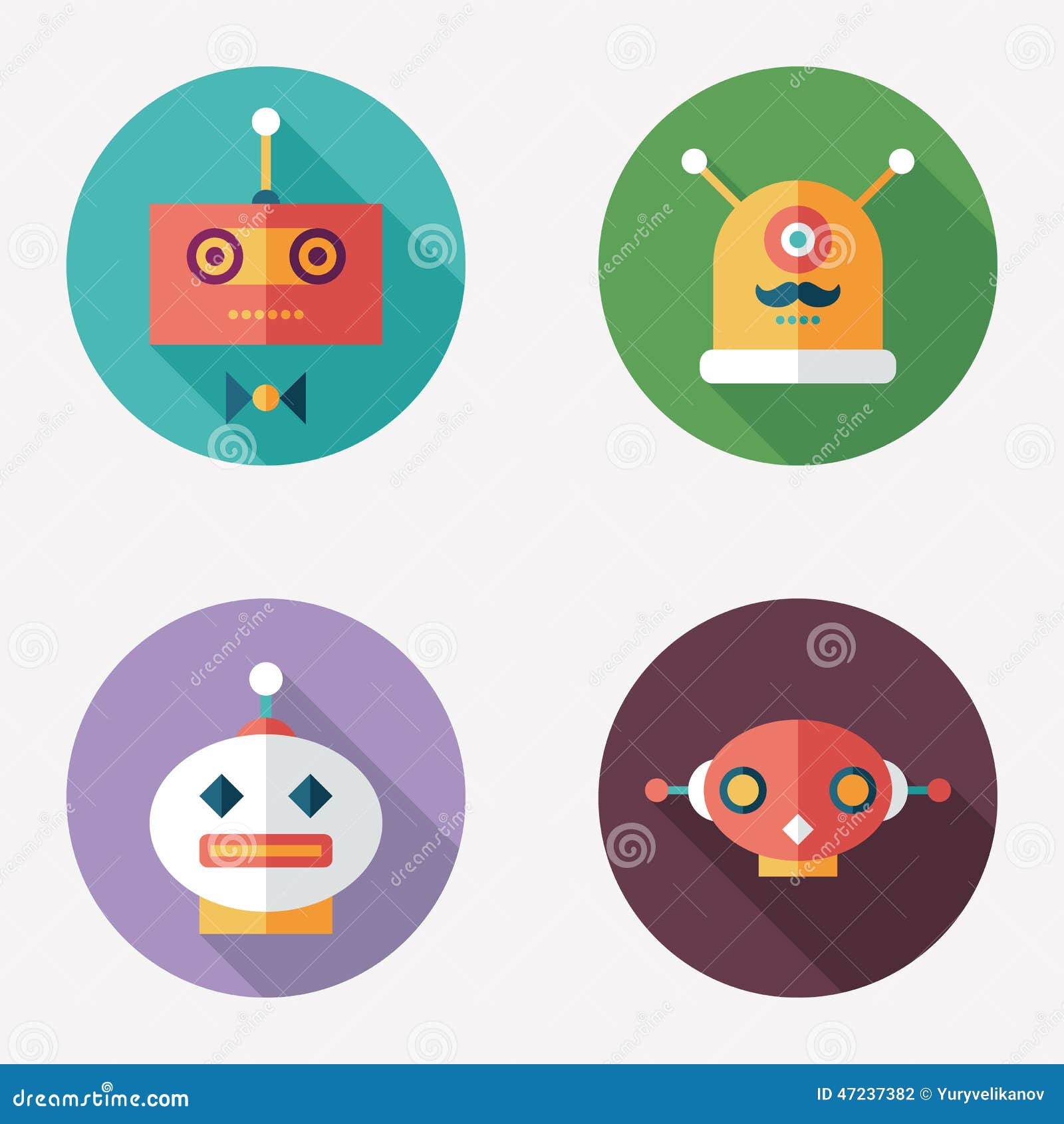 Robots Flat Round Icons with Long Shadows. Set 12 Stock Vector ...