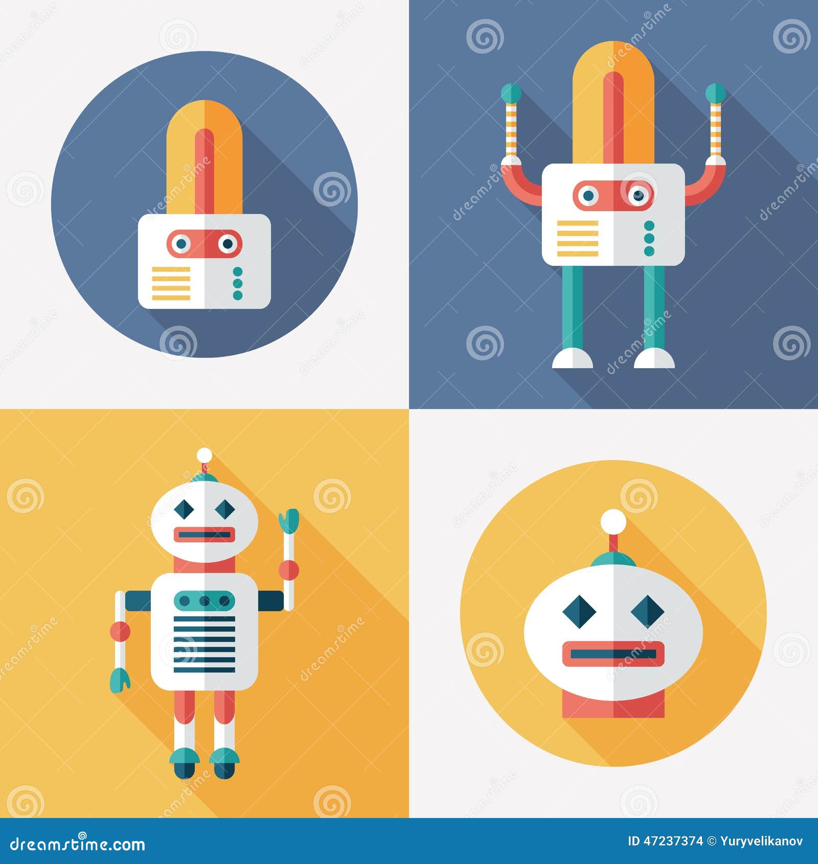 Robots Flat Round and Square Icons with Long Shadows. Set 15 Stock ...