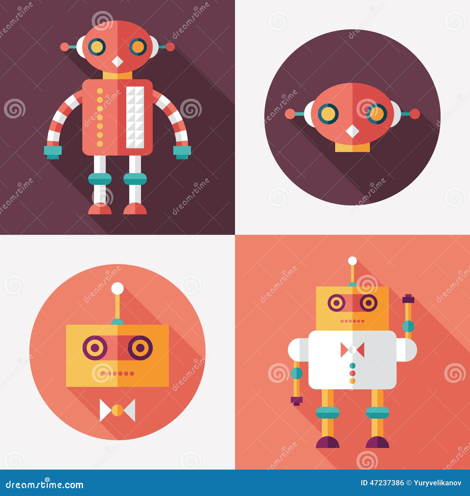 Robots Flat Square and Round Icons with Long Shadows. Set 14 Stock ...