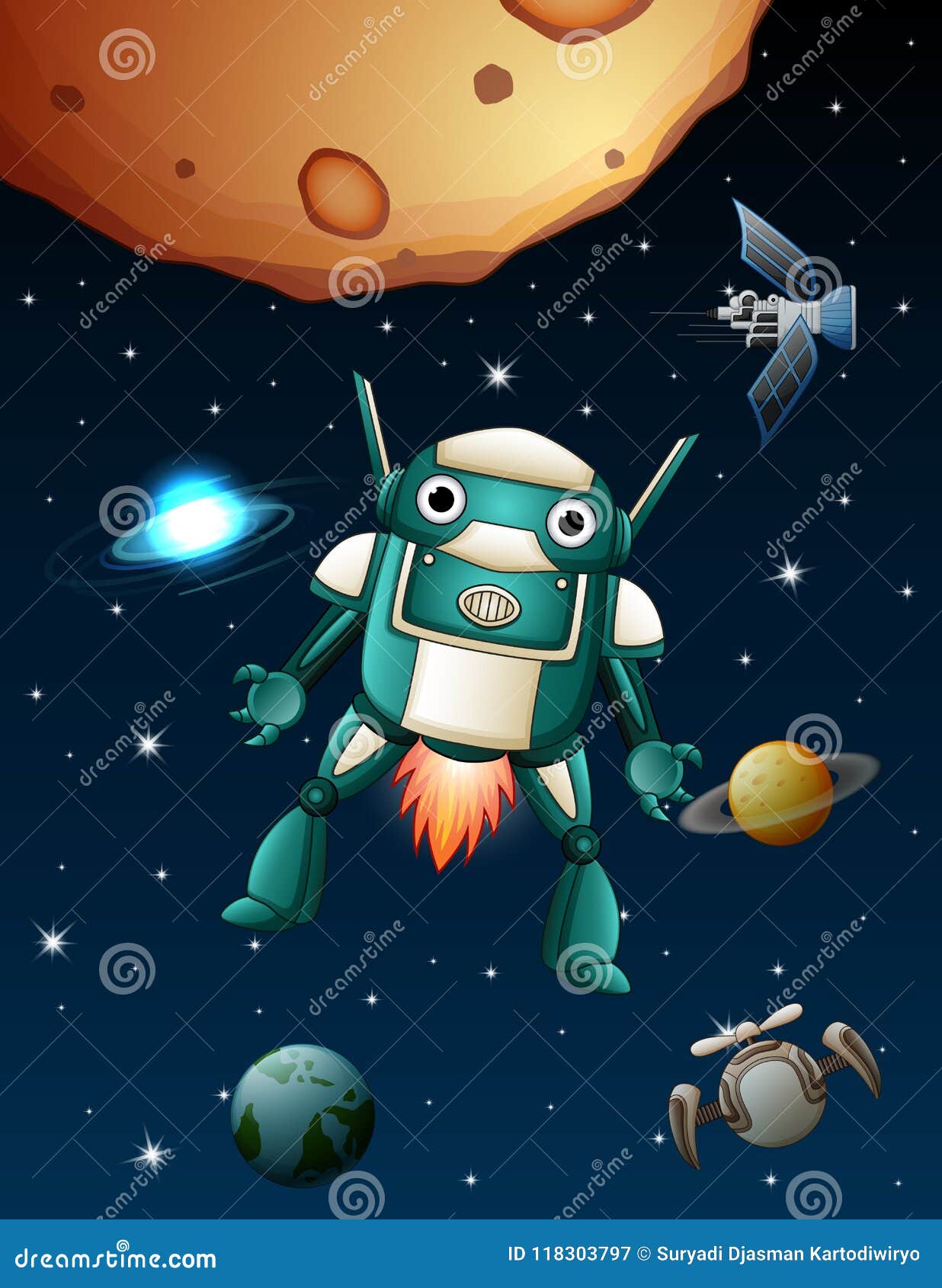 Robots are Flying in the Space Stock Vector - Illustration of explore ...