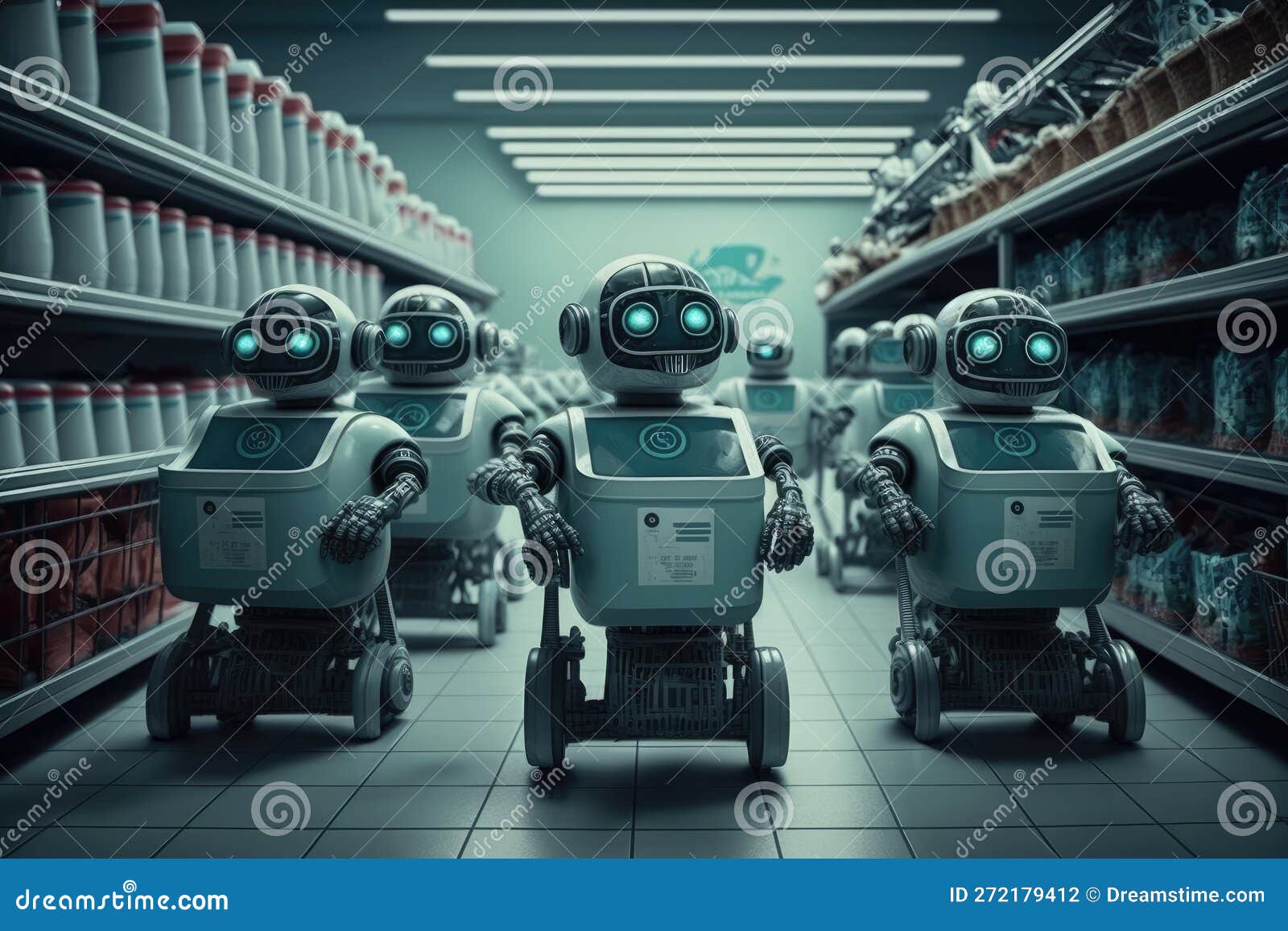 Robots in a Futuristic Supermarket, with Robotic Arms Stocking Shelves ... Robots in a Futuristic Supermarket, with Robotic Arms Stocking Shelves ...