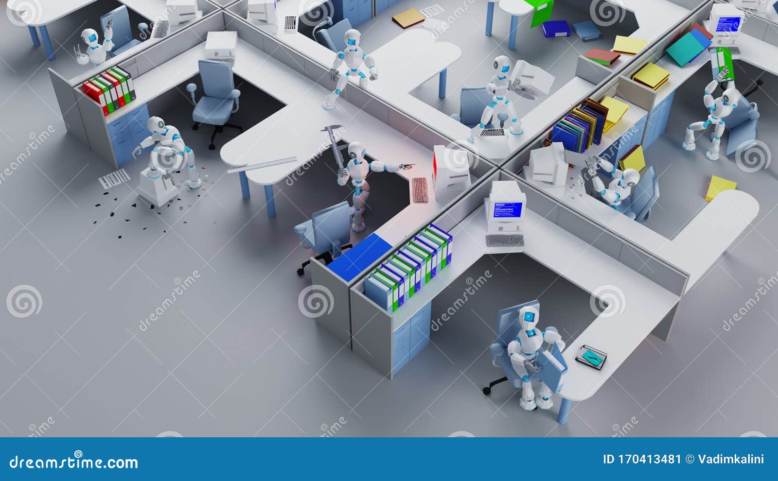 Robots Going Crazy in the Office, Office Space. Stock Illustration ...