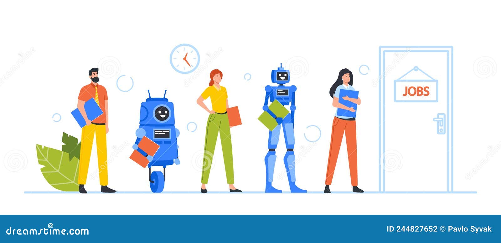 Robots and Human Applicants Characters Stand in Queue Waiting Hiring ...