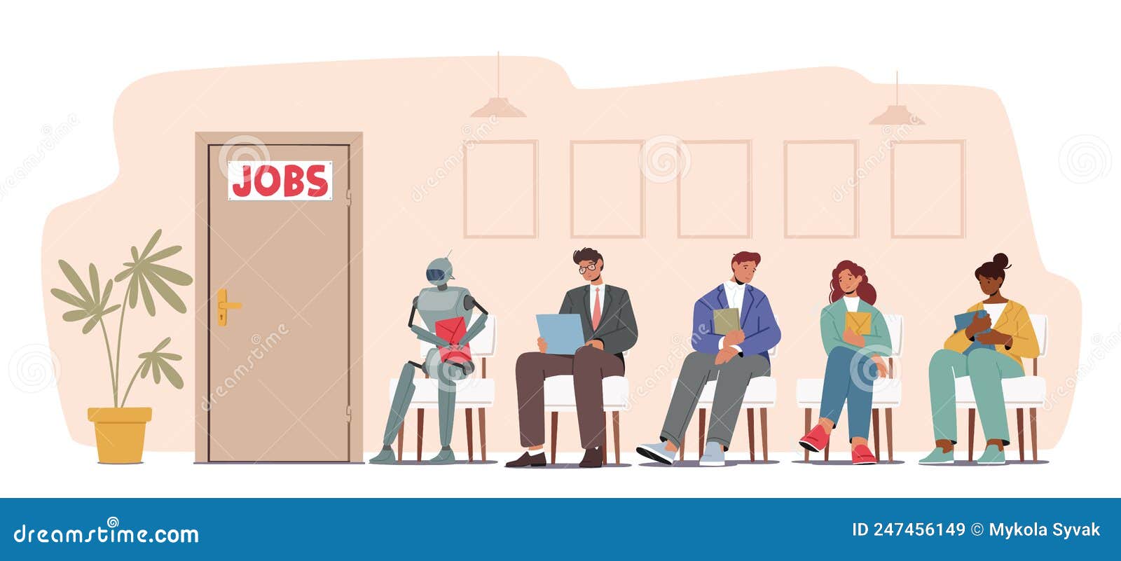 Robots And Human Applicants Characters Wait In Queue For Hiring ...