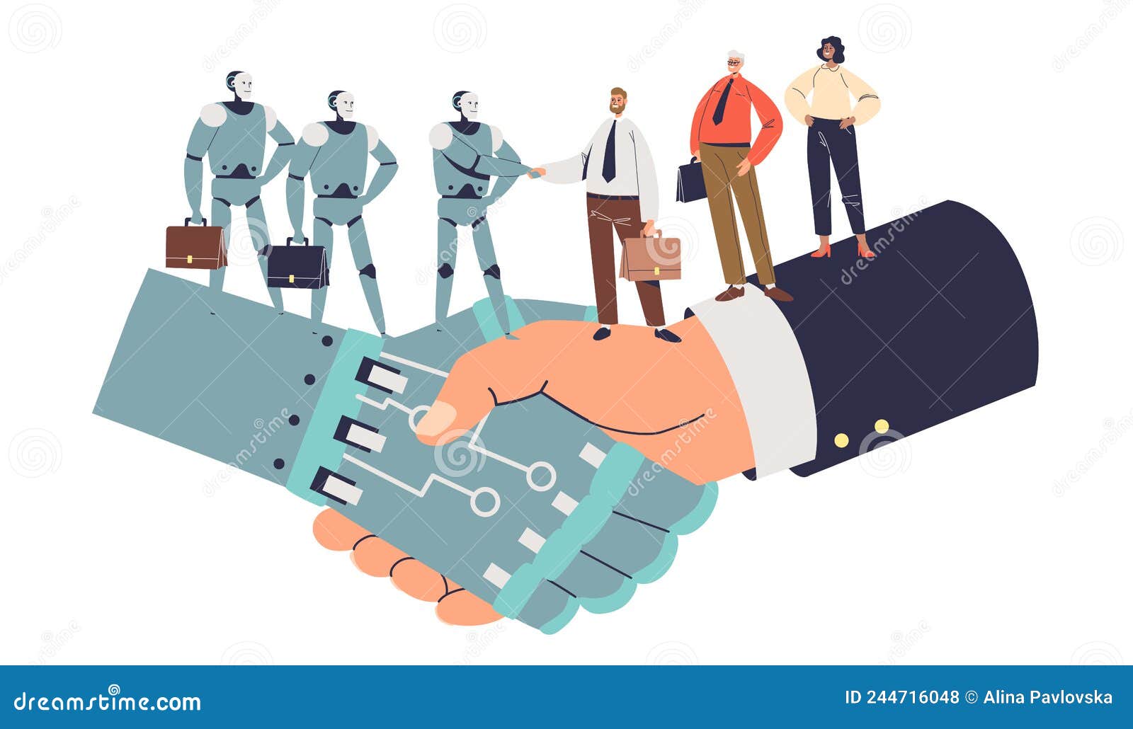 Robots and Human Collaboration. Business People Team Handshake with ...