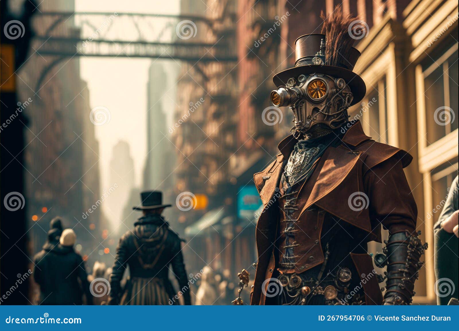 Robots and Humans in a Steampunk Style City, Generative Ai Stock ...