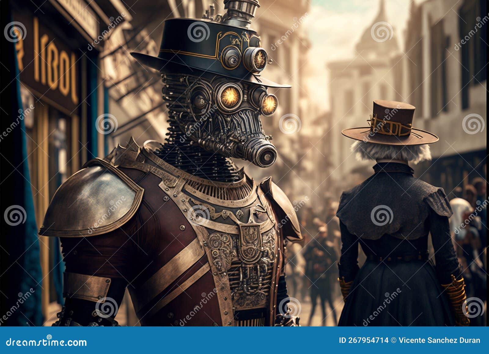 Robots and Humans in a Steampunk Style City, Generative Ai Stock ...