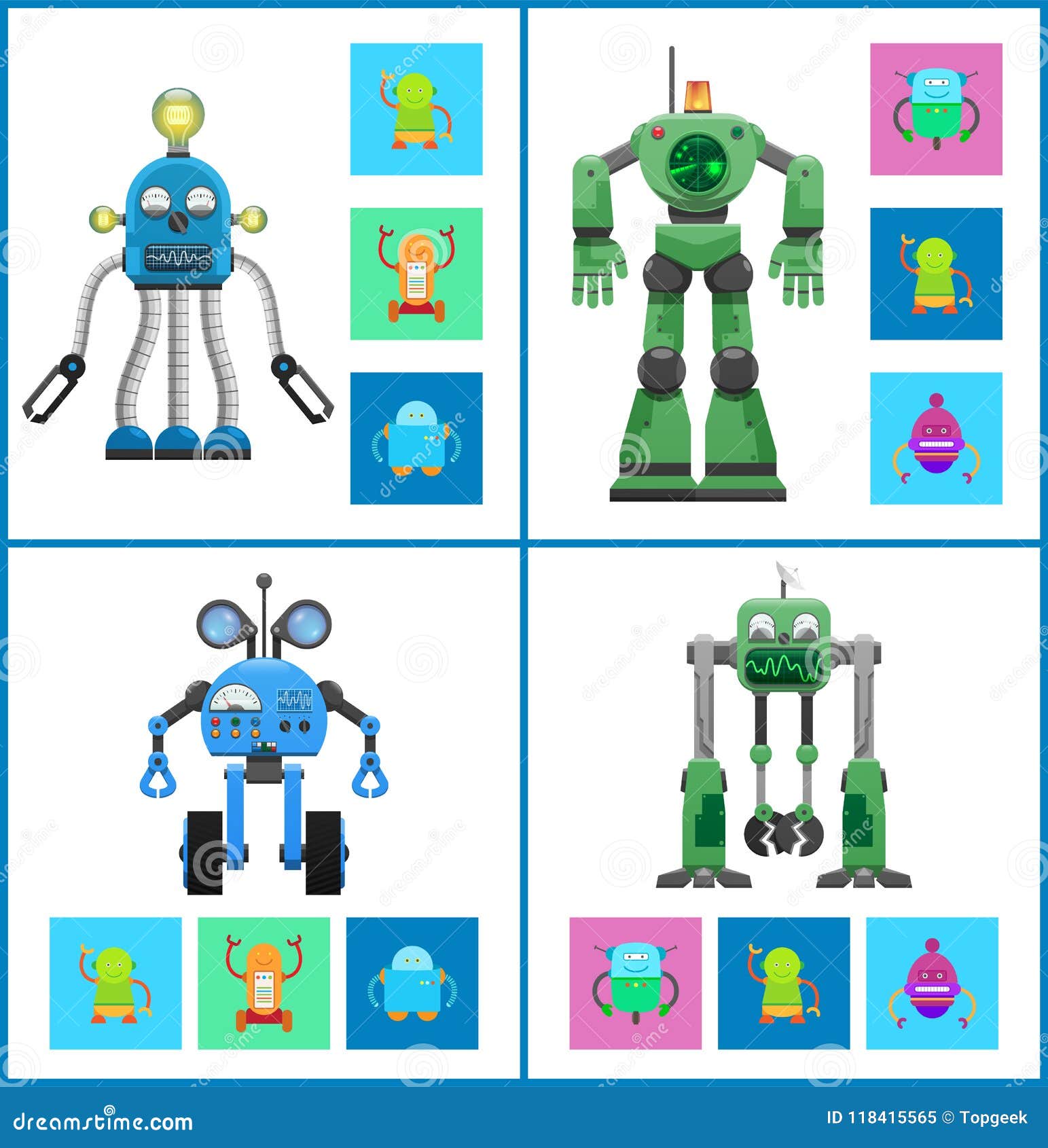 Robots with Light Indicators and Detectors Panel Stock Vector ...