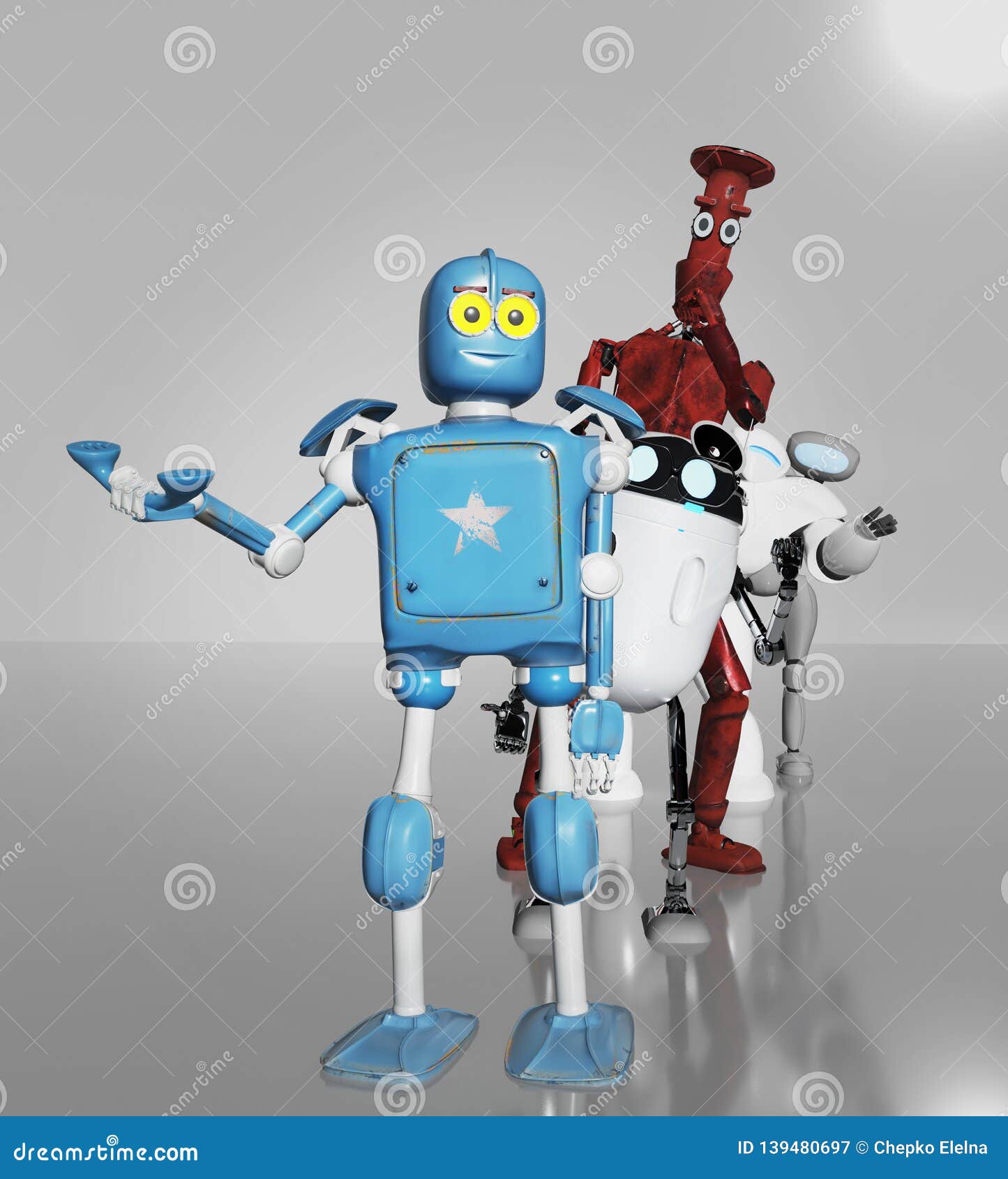 Robots in line.3d render stock illustration. Illustration of door ...