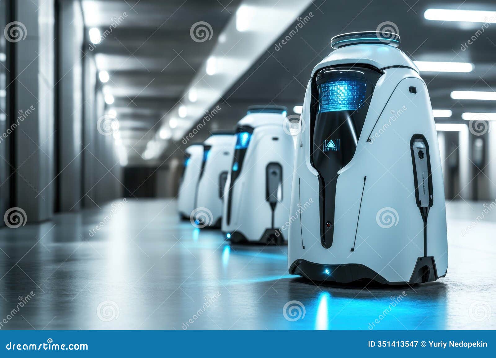 Robots Lined Up in Modern Corridor with Glowing Accents during ... Robots Lined Up in Modern Corridor with Glowing Accents during ...