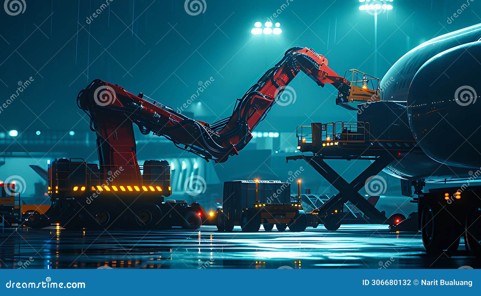 Robots Load Cargo Onto Planes at the Airport during the Night Stock ...