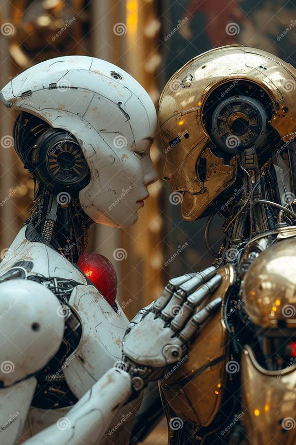 Robots In Love A Pair Of Cyborgs Stand Opposite Each Other And Hold A Heart In Their Hands