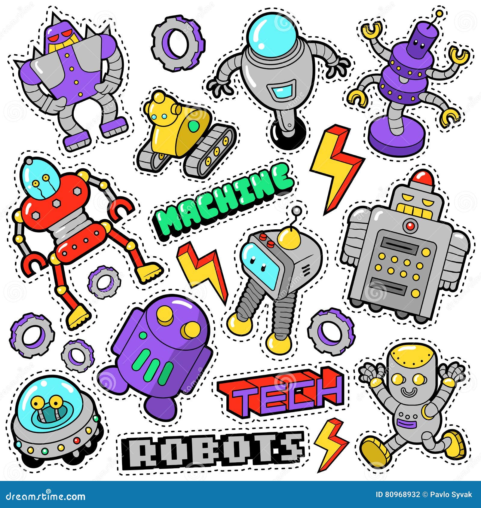Robots and Machines Stickers, Badges, Patches Stock Vector ...