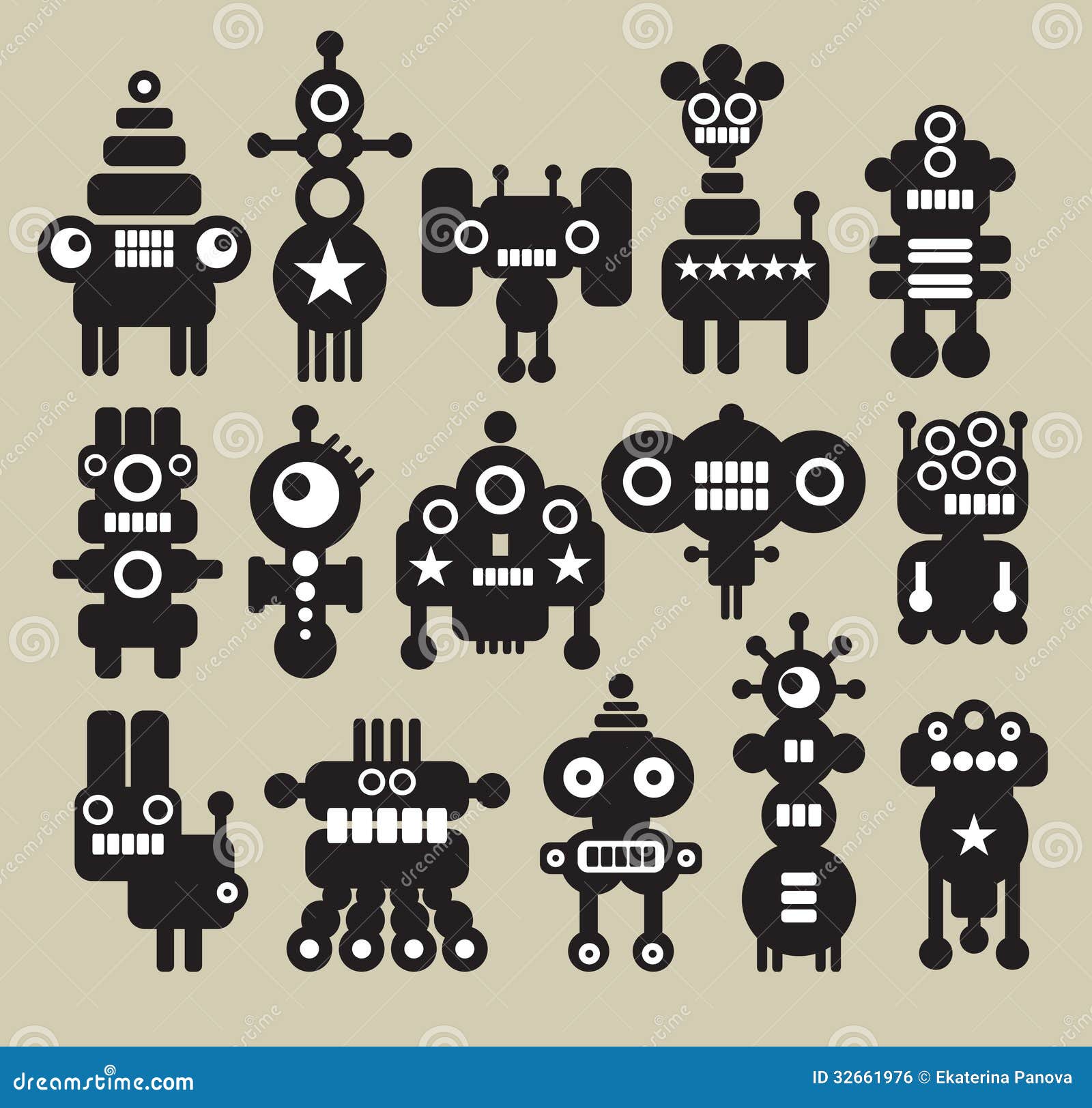 Robots And Monsters In One Set. Cartoon Characters. Ink Drawing ...