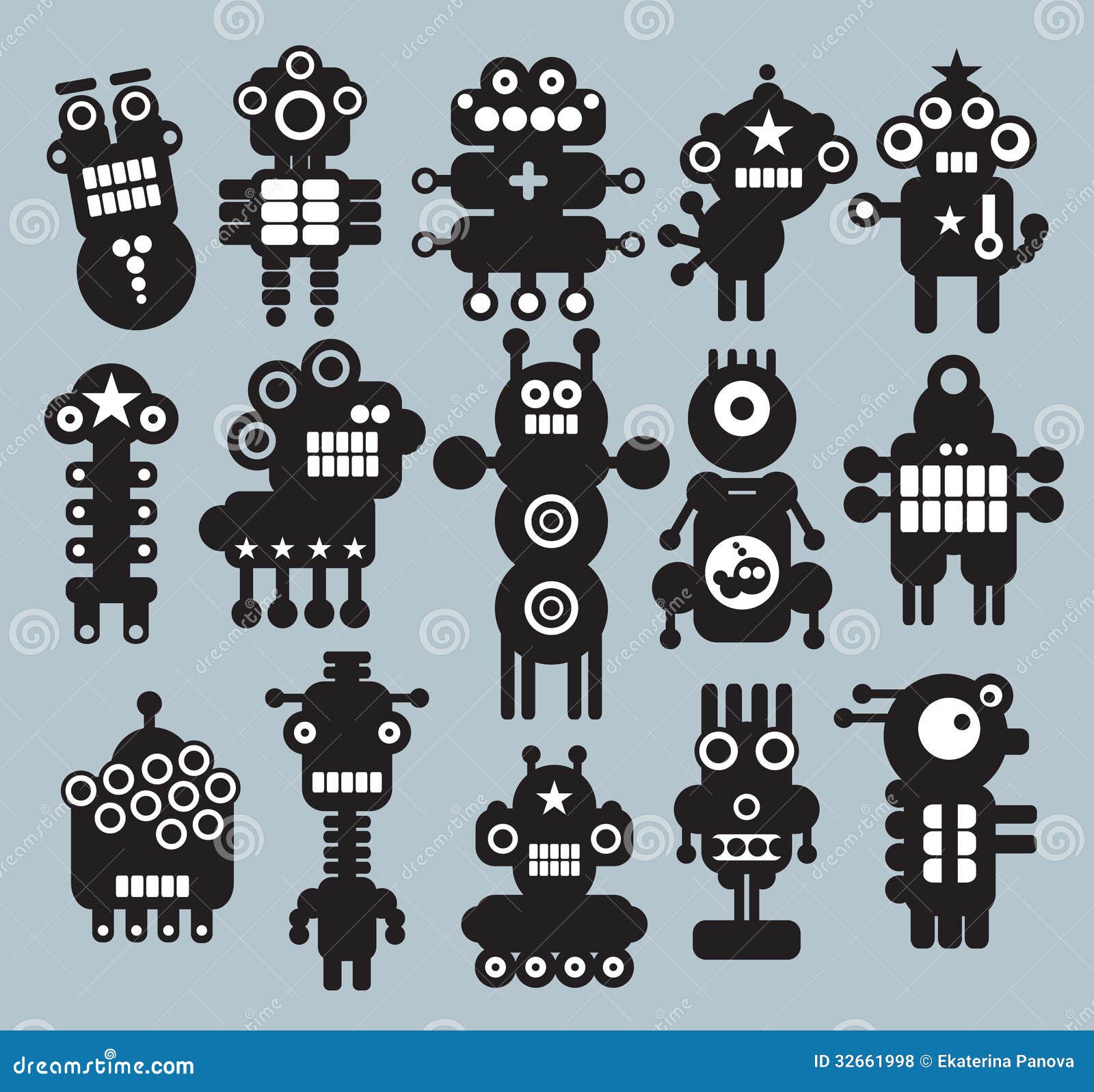 Robots And Monsters In One Set. Cartoon Characters. Ink Drawing ...