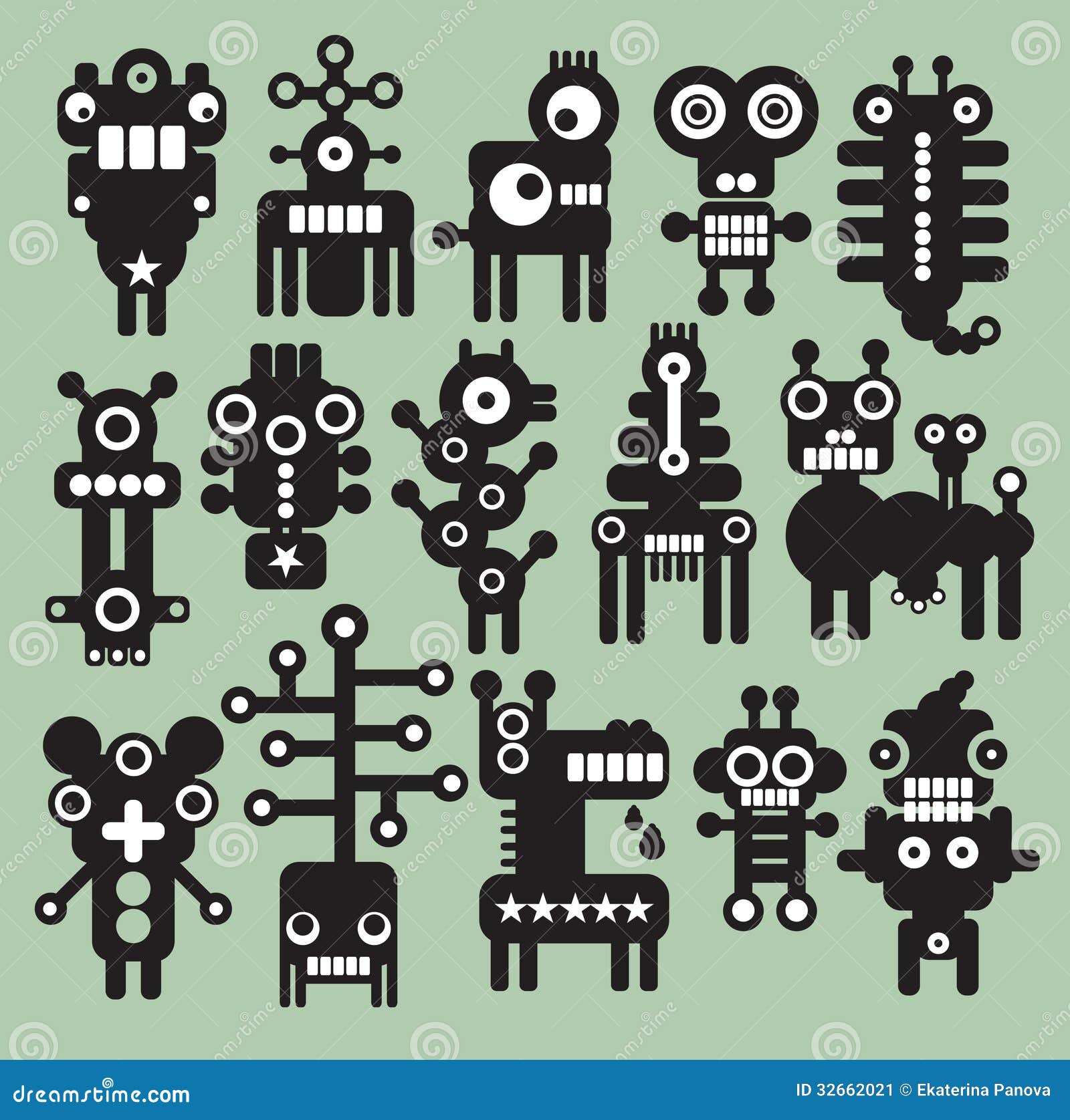 Robots And Monsters In One Set. Cartoon Characters. Ink Drawing ...