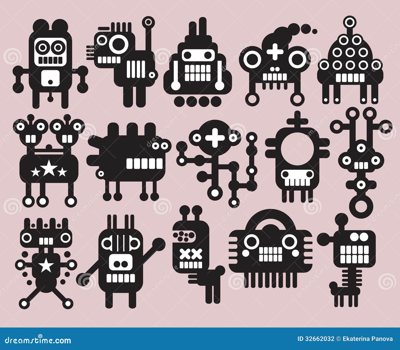 Robots And Monsters In One Set. Cartoon Characters. Ink Drawing ...