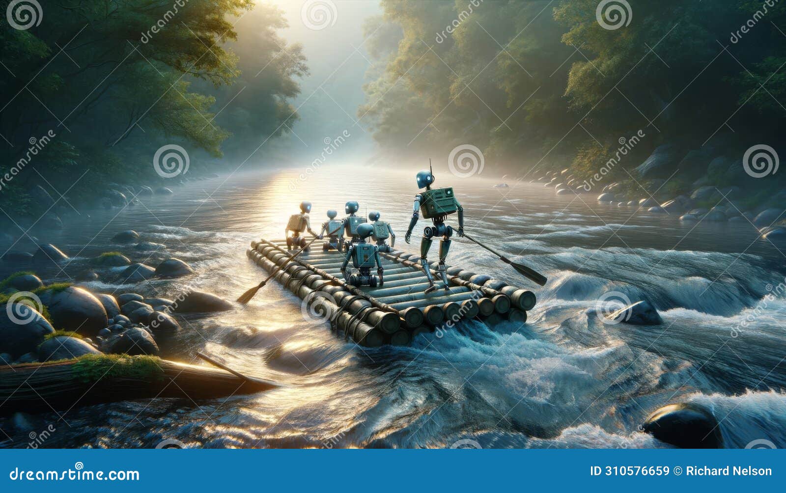Robots Navigating a Raft on a Misty River Stock Illustration ...