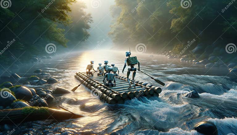 Robots Navigating a Raft on a Misty River Stock Illustration ...
