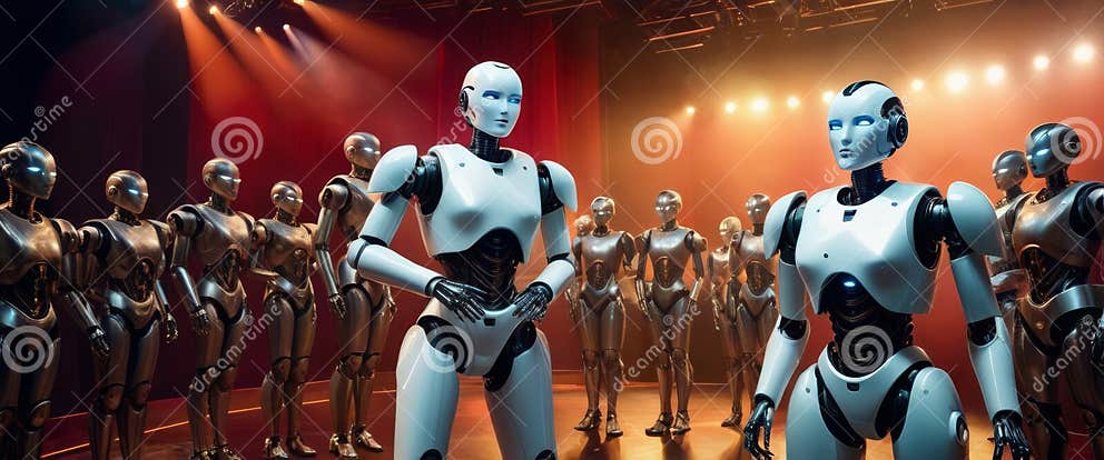 Robots Performing on Stage at a Tech Expo Stock Illustration ...