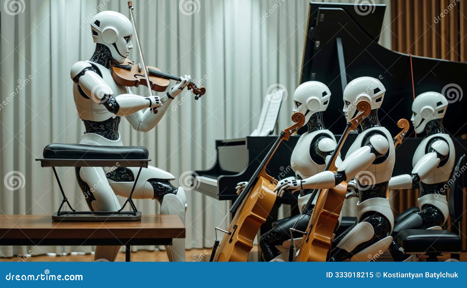 A Group of Robots Playing Instruments in Front of a Piano Stock Image ...