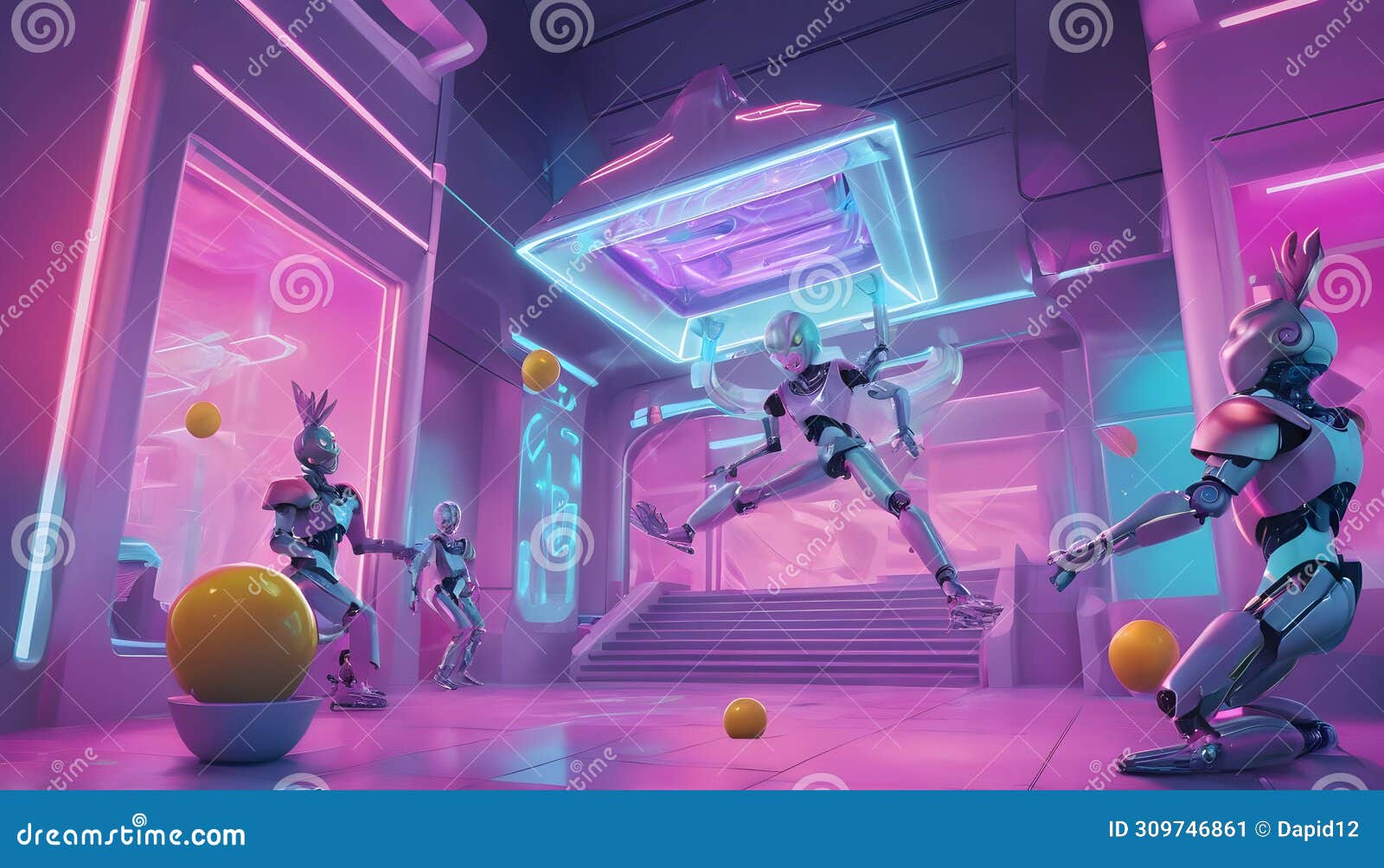 Robots are Playing Soccer in a Futuristic Room Stock Illustration ...