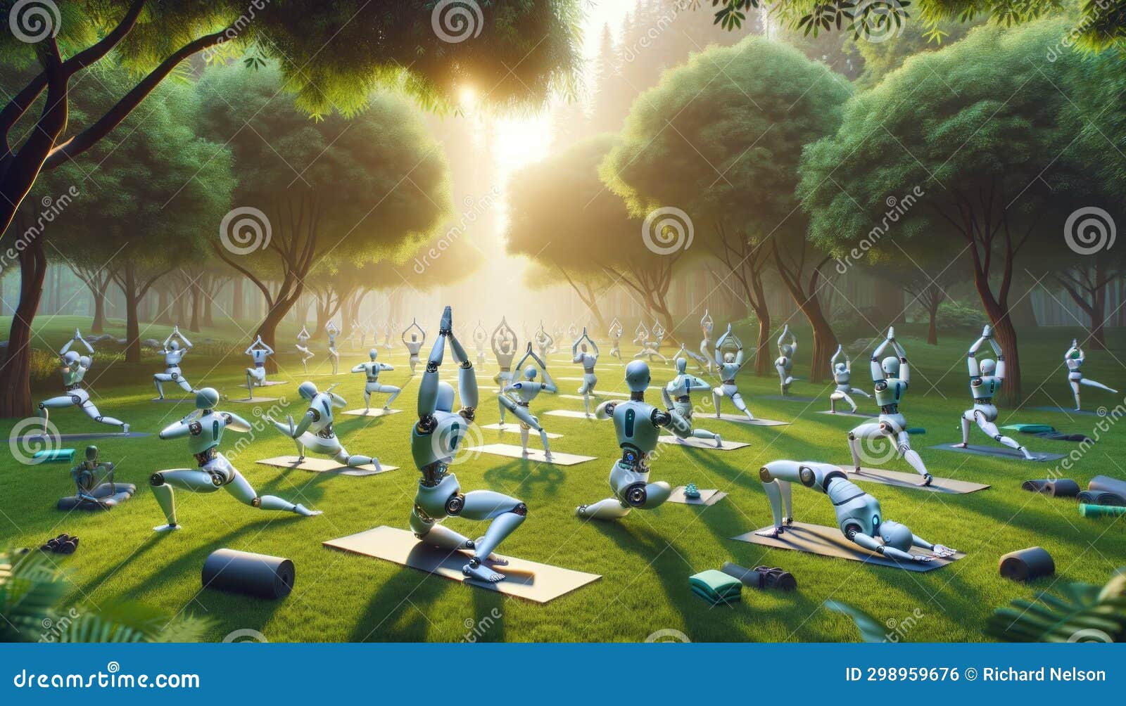 Robots Practicing Yoga in a Park Stock Illustration - Illustration of ...