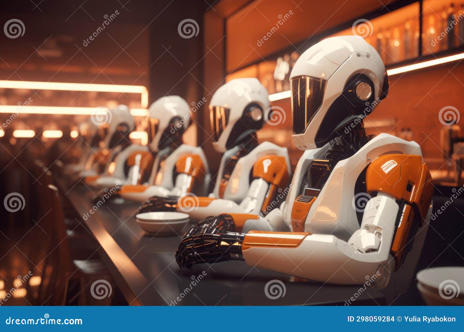 Robots Restaurant Serving Bar Stand. Generate Ai Stock Photo - Image of ...