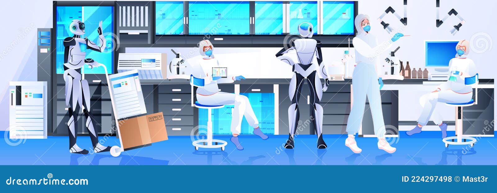 Robots with Scientists in Protective Suits Making Experiments in Lab ...
