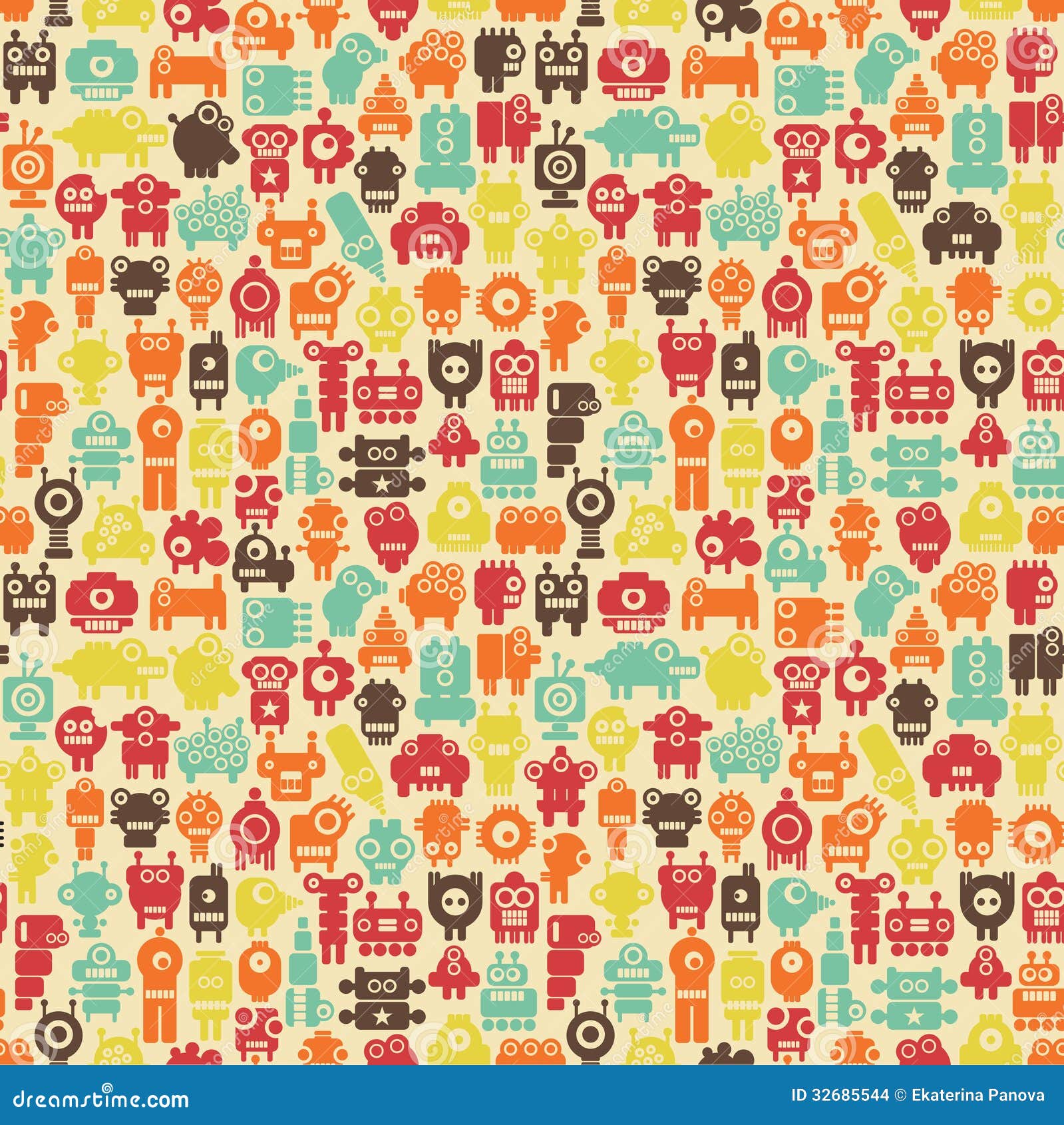 Robots Seamless Pattern in Retro Style. Stock Vector - Illustration of ...